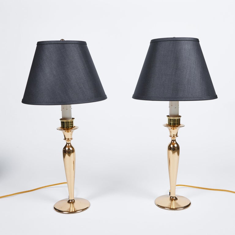 Vintage Brass Candlestick Table Lamps w/ Custom Black Silk Shades Pair ...
