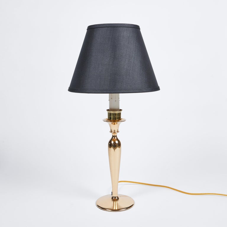 Vintage Brass Candlestick Table Lamps w/ Custom Black Silk Shades Pair ...