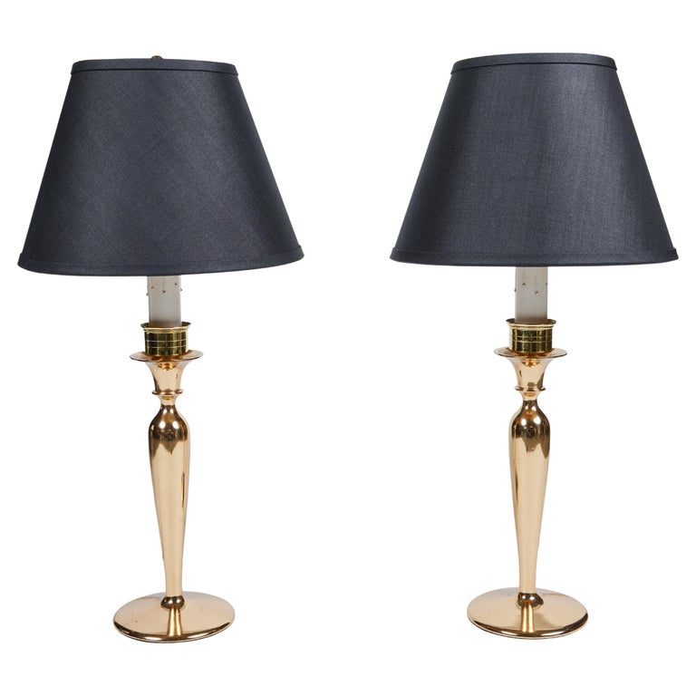 Vintage Brass Candlestick Table Lamps w/ Custom Black Silk Shades Pair ...