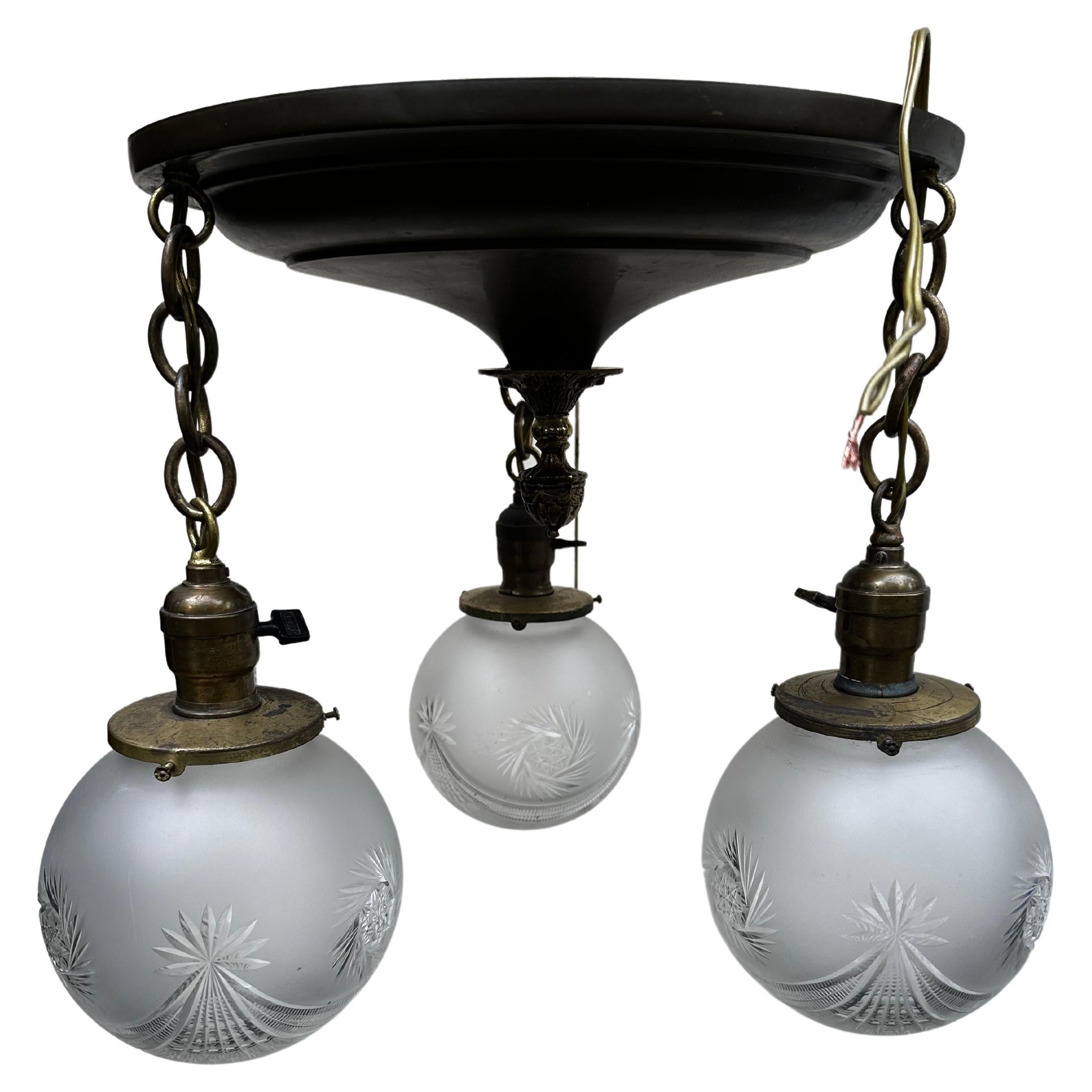 Vintage brass flush mount fixture with vintage ball cut shades For Sale ...