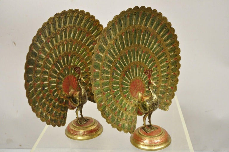 Vintage Brass Hollywood Regency Red Green Painted Peacock Figurines, a ...