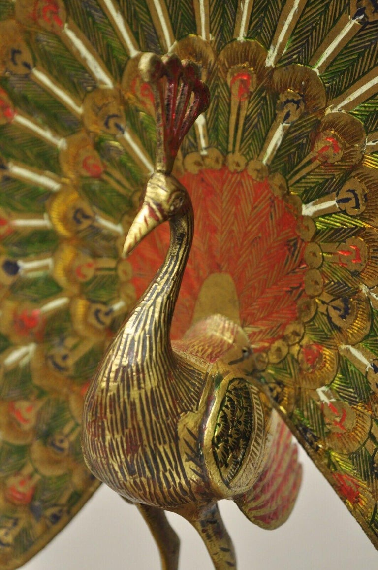 Vintage Brass Hollywood Regency Red Green Painted Peacock Figurines, a ...