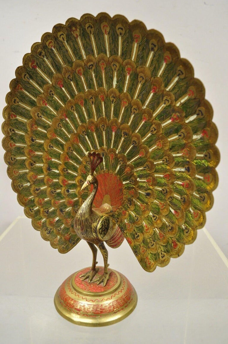 Vintage Brass Hollywood Regency Red Green Painted Peacock Figurines, a ...