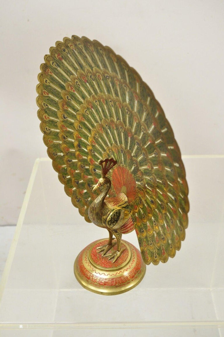 Vintage Brass Hollywood Regency Red Green Painted Peacock Figurines, a ...