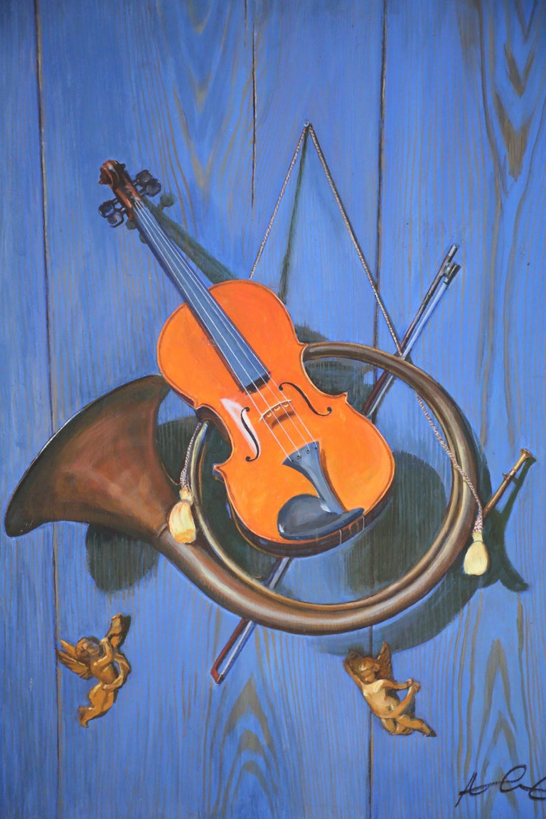 Vintage Brass Horn and Violin Still Life Painting on Wood For Sale at ...