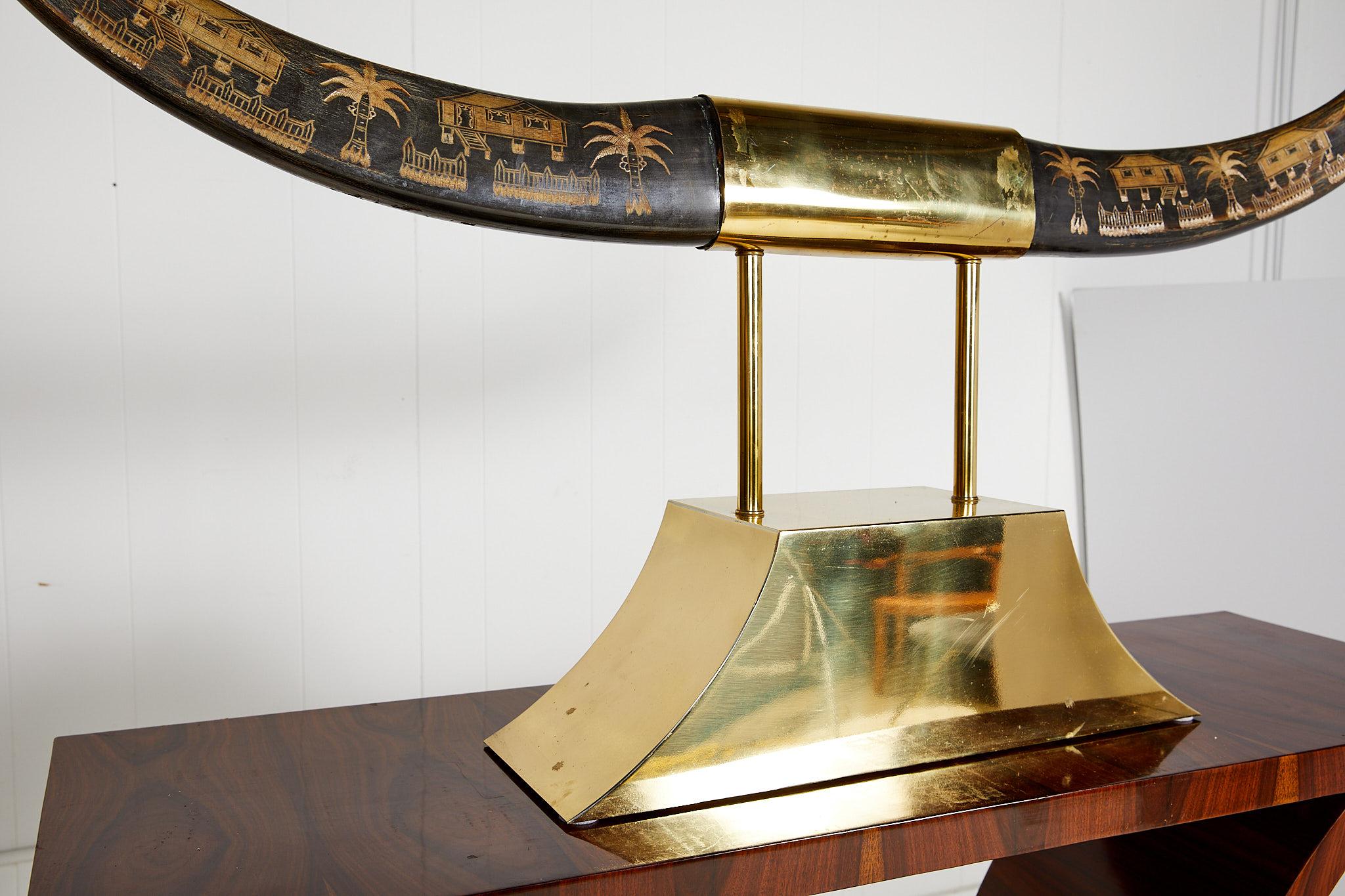 Vintage Brass Mounted Carved Water Buffalo Horns at 1stDibs | carved ...