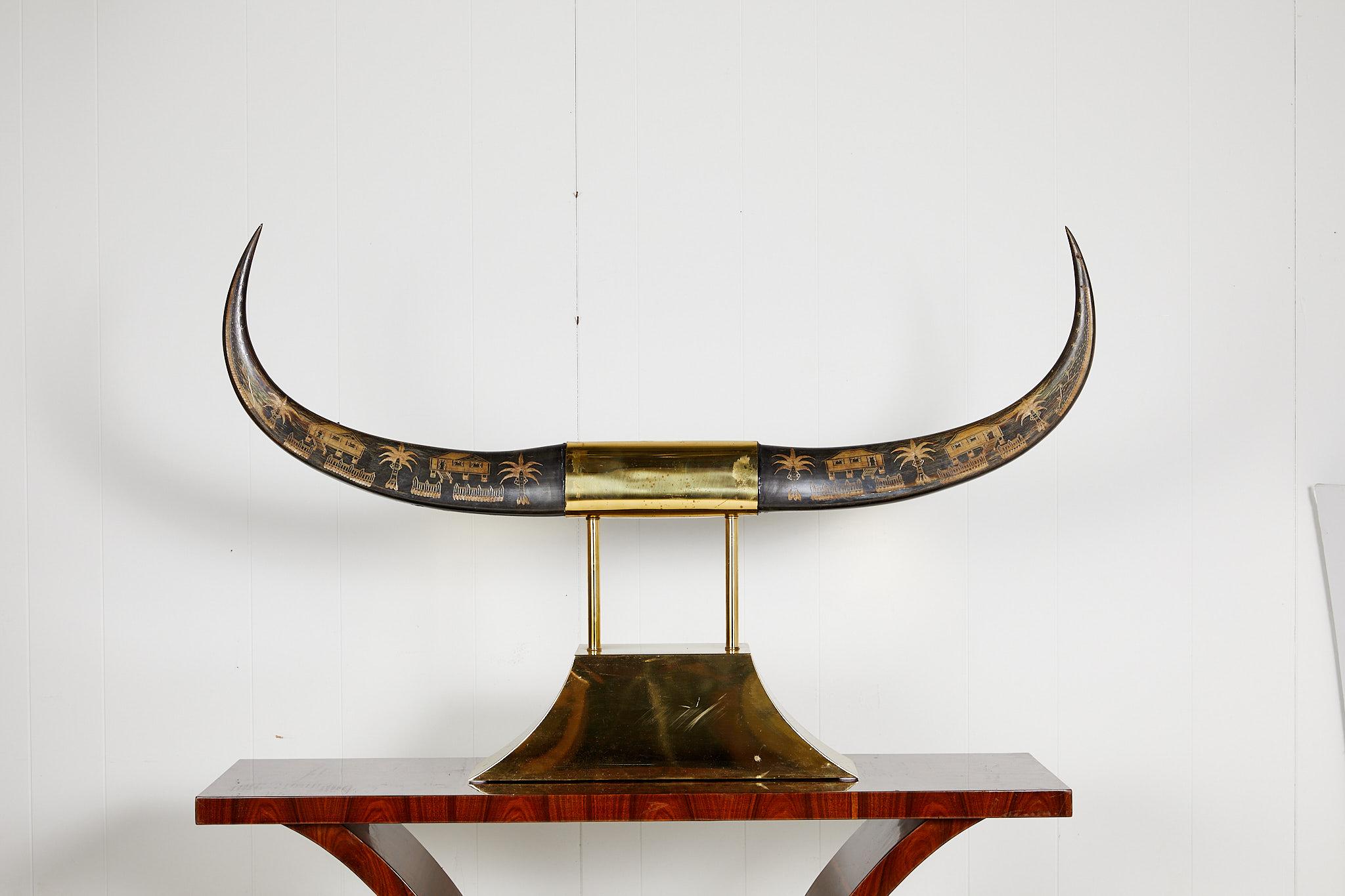 Vintage Brass Mounted Carved Water Buffalo Horns at 1stDibs | carved ...