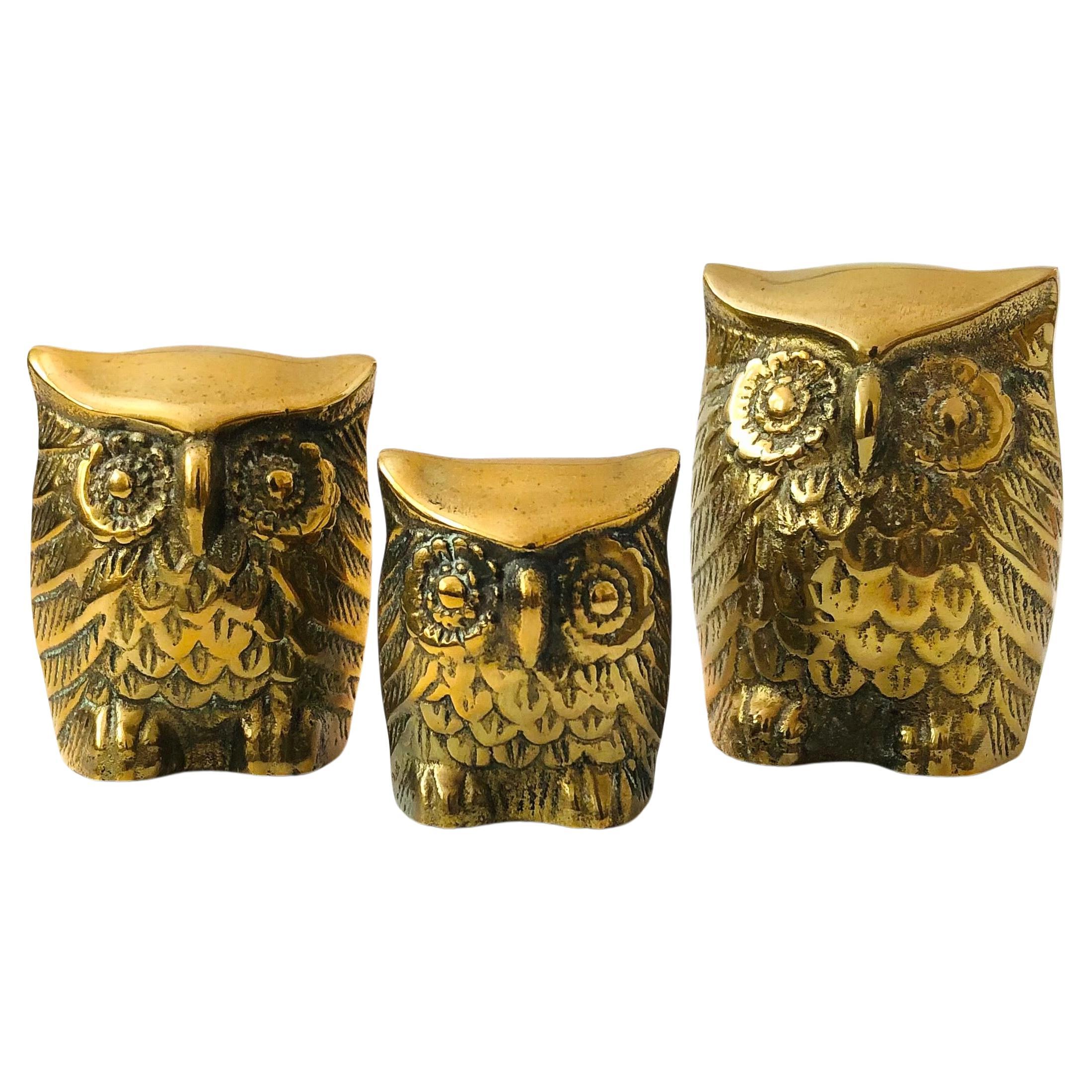 Vintage Brass Owls - Set of 3 For Sale at 1stDibs