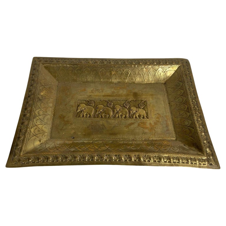 Vintage Brass Tray Indian Mughal Elephants Motif Engraved Serving ...