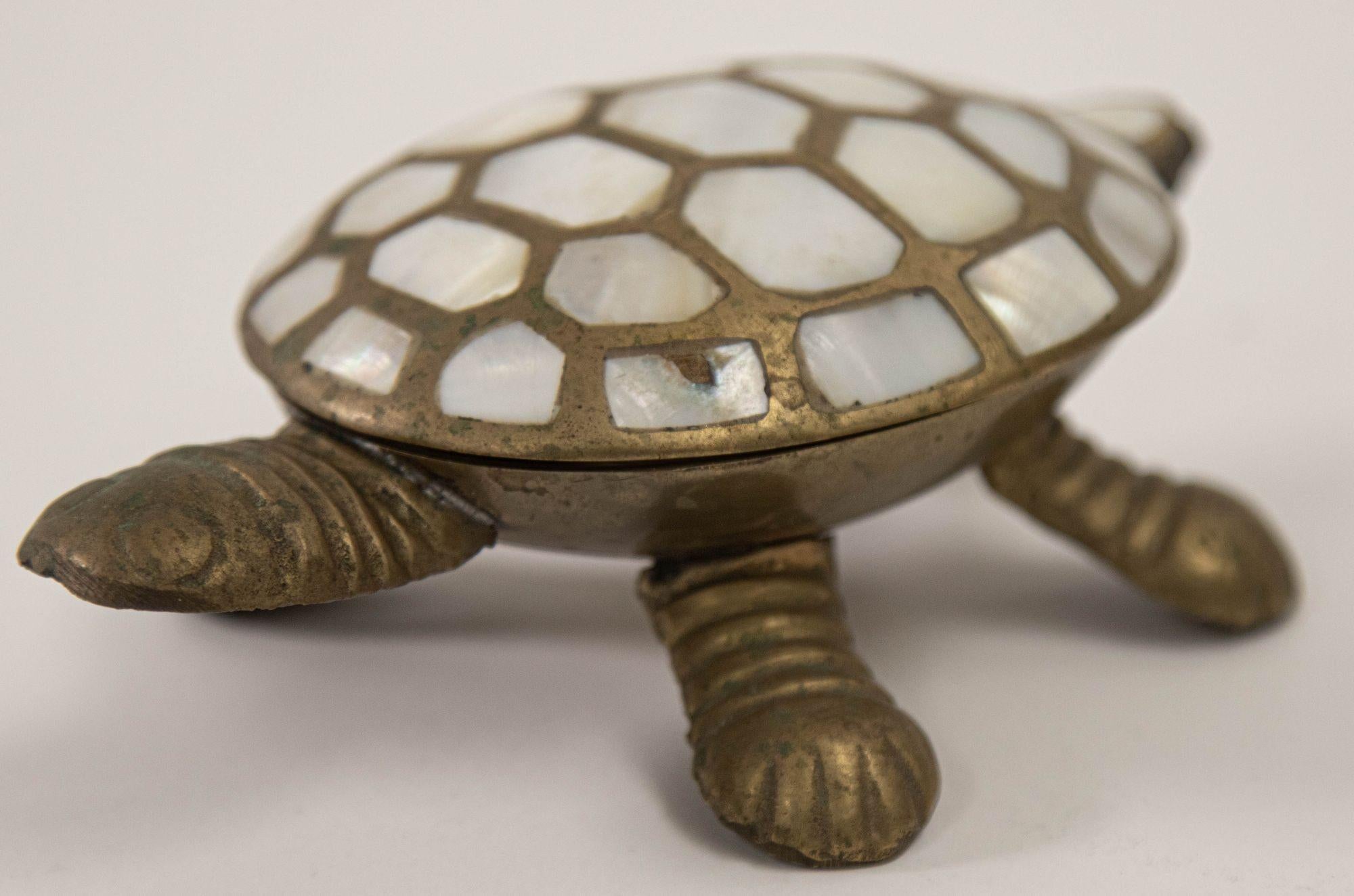 Vintage Brass Turtle with Inlaid Mother of Pearl Lidded Box at 1stDibs