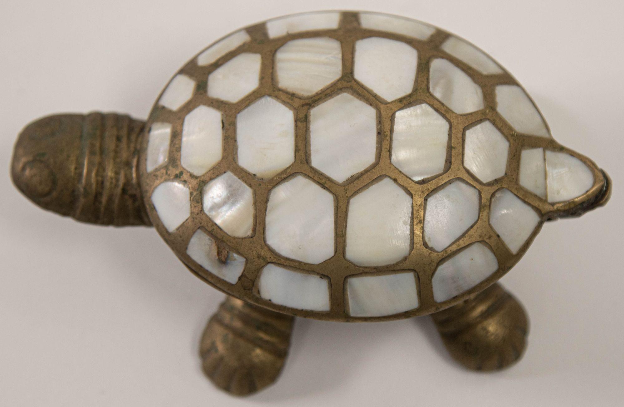 Vintage Brass Turtle with Inlaid Mother of Pearl Lidded Box at 1stDibs
