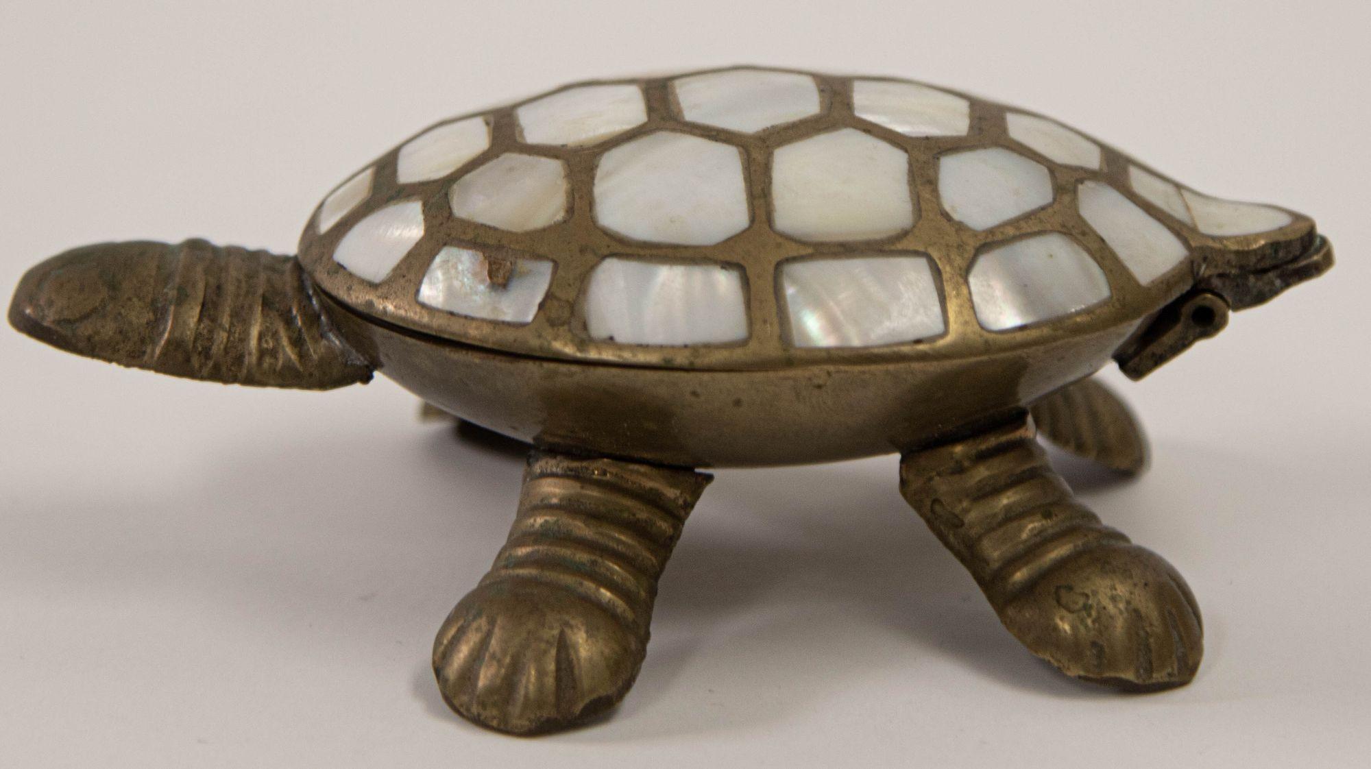 Vintage Brass Turtle with Inlaid Mother of Pearl Lidded Box at 1stDibs