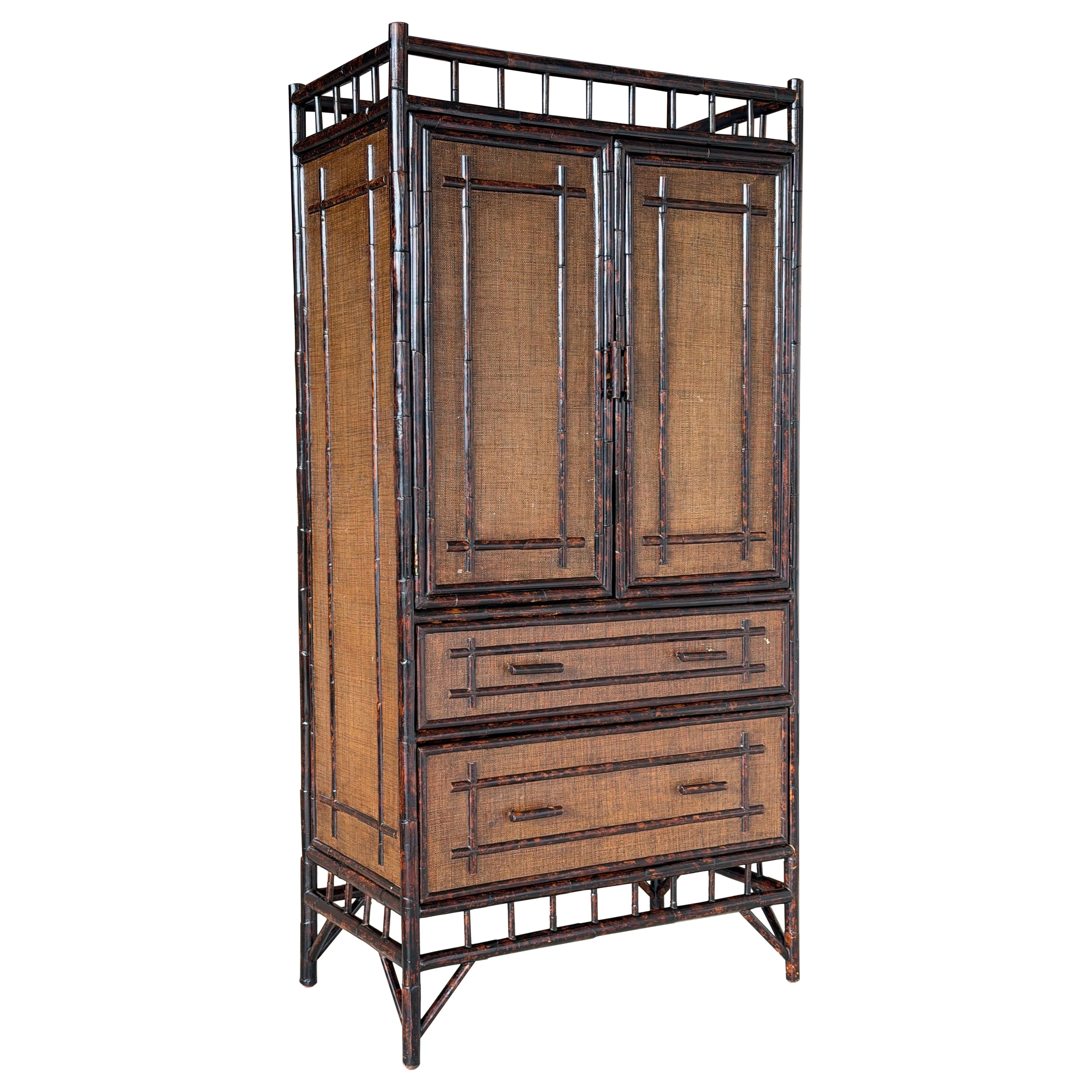 Vintage British Colonial Faux Bamboo and Grasscloth Armoire Cabinet ...
