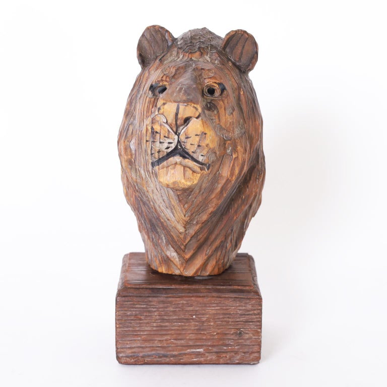 Vintage British Colonial Style Carved Wood Lion Head For Sale at 1stDibs