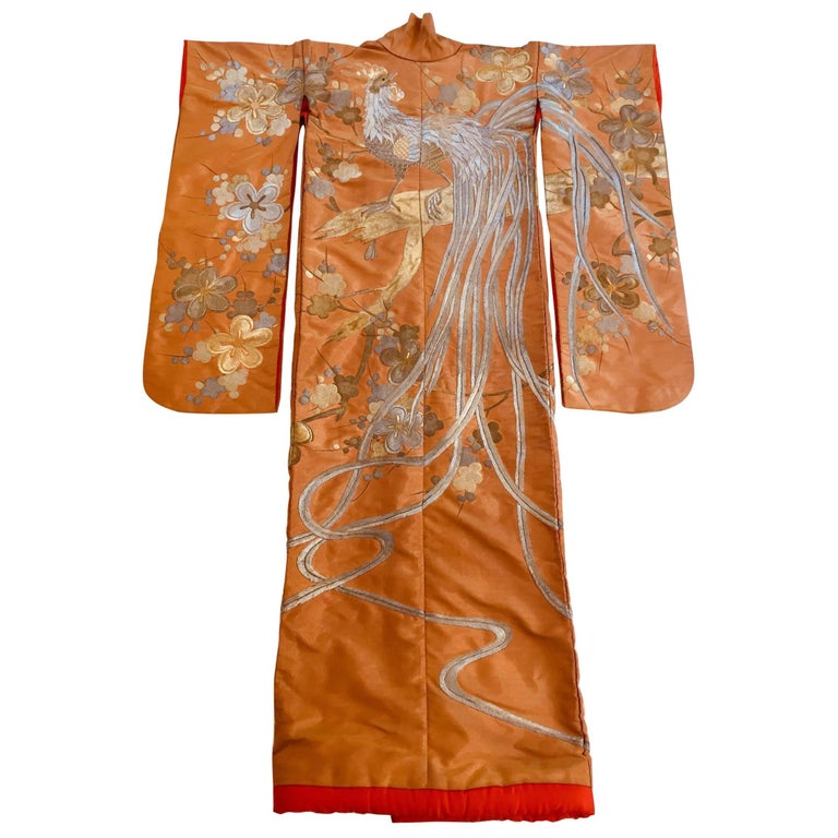 Vintage Brocade Japanese Ceremonial Kimono in Orange, Gold and Silver ...