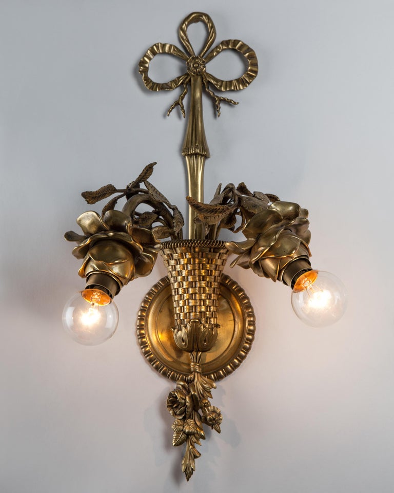 Vintage Bronze Caldwell Edwardian Detailed Rose Basket Sconces, circa ...