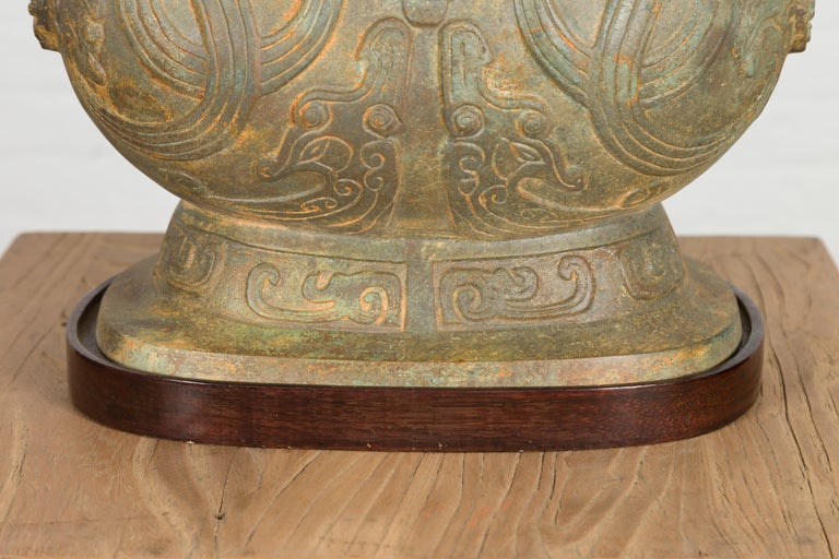 Vintage Bronze Chinese Hu Vessel Inspired Table Lamp with Mythical ...