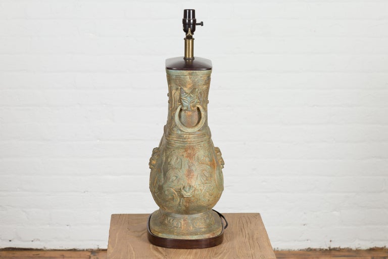 Vintage Bronze Chinese Hu Vessel Inspired Table Lamp with Mythical ...