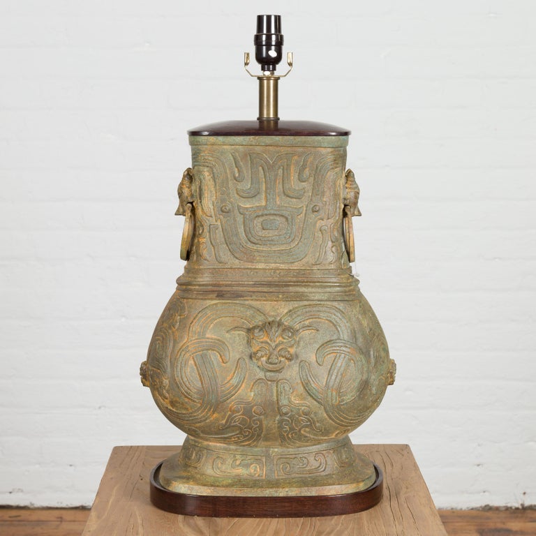 Vintage Bronze Chinese Hu Vessel Inspired Table Lamp with Mythical ...