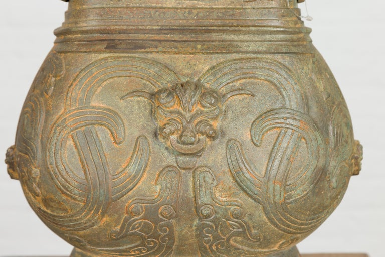 Vintage Bronze Chinese Hu Vessel Inspired Table Lamp with Mythical ...