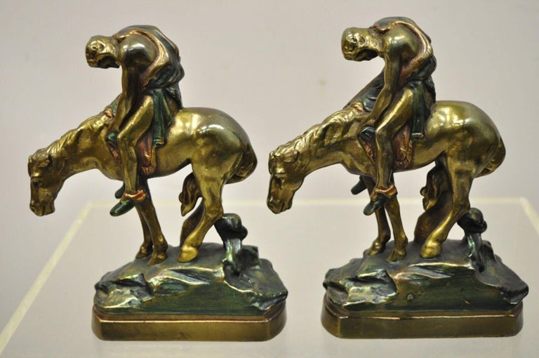 Vintage Bronze Clad End of Trail Indian on Horse Figure Bookends, a ...