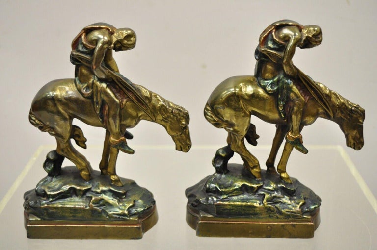 Vintage Bronze Clad End of Trail Indian on Horse Figure Bookends, a ...