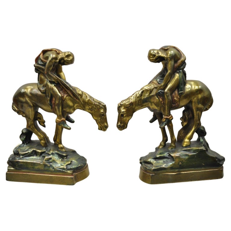 Vintage Bronze Clad End of Trail Indian on Horse Figure Bookends, a ...