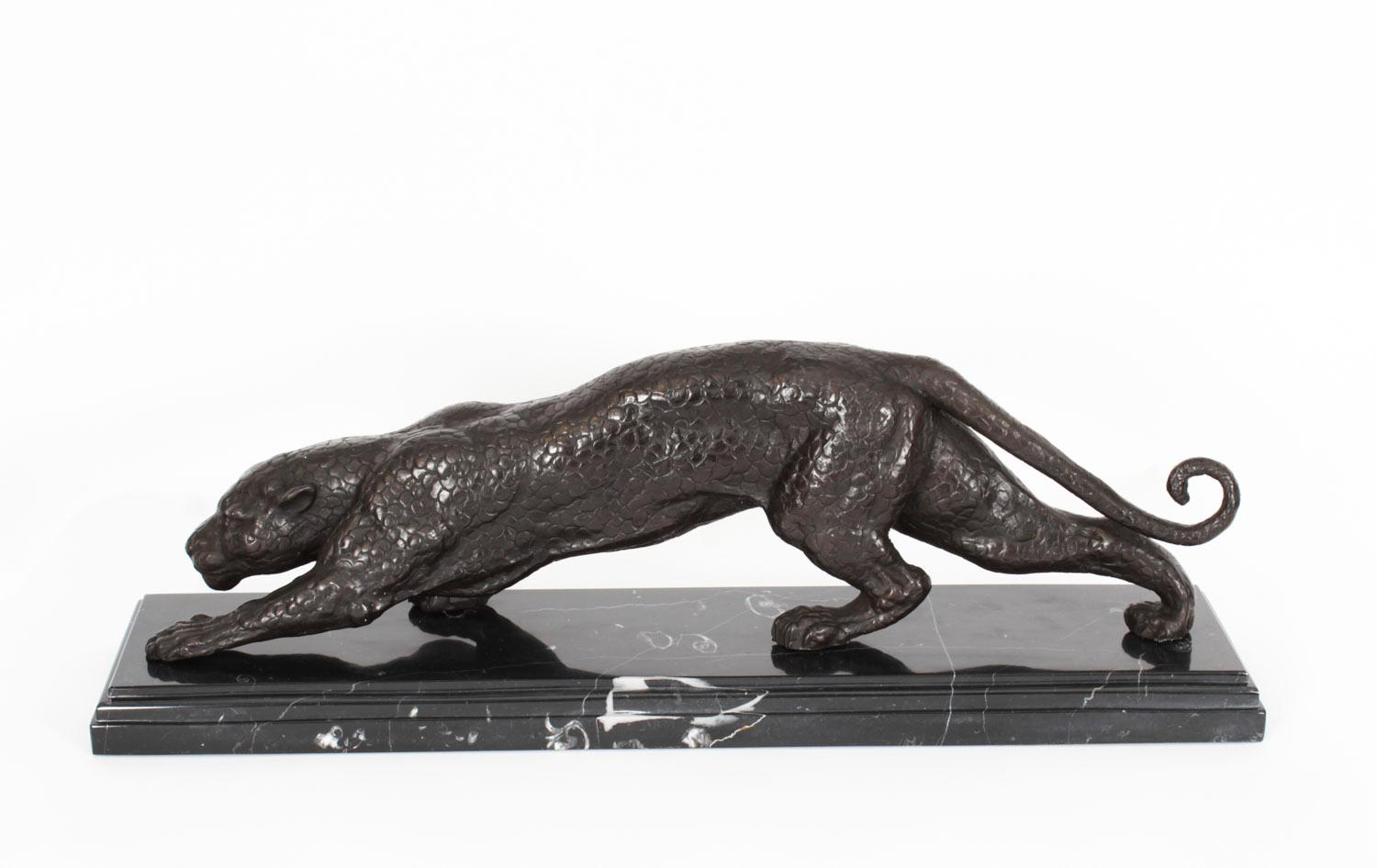 Vintage Bronze Panther Sculpture on a Marble Base 20th Century at 1stDibs