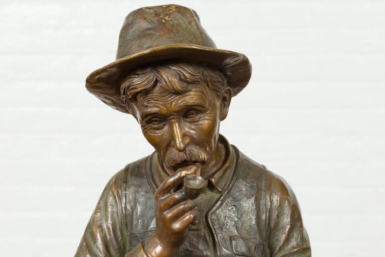 Vintage Bronze Sculpture of a Sitting Old Timer Smoking His Pipe and ...