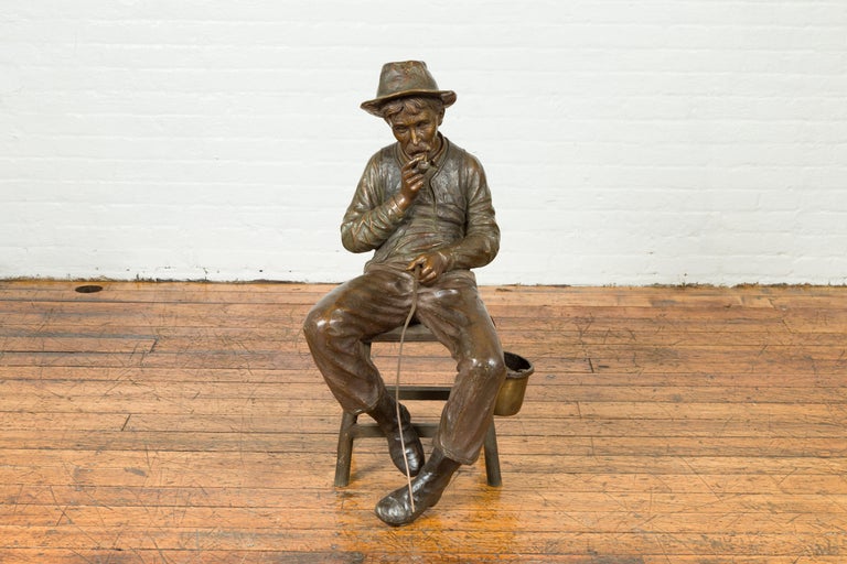 Vintage Bronze Sculpture of a Sitting Old Timer Smoking His Pipe and ...