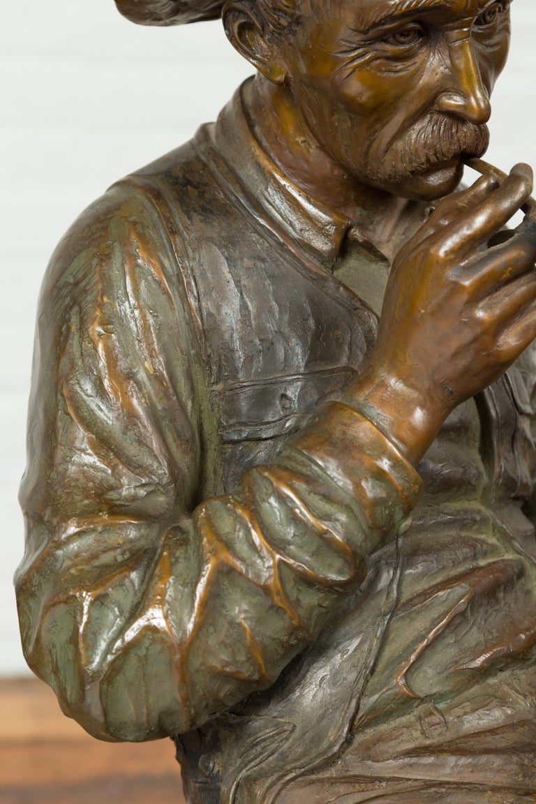 Vintage Bronze Sculpture of a Sitting Old Timer Smoking His Pipe and ...