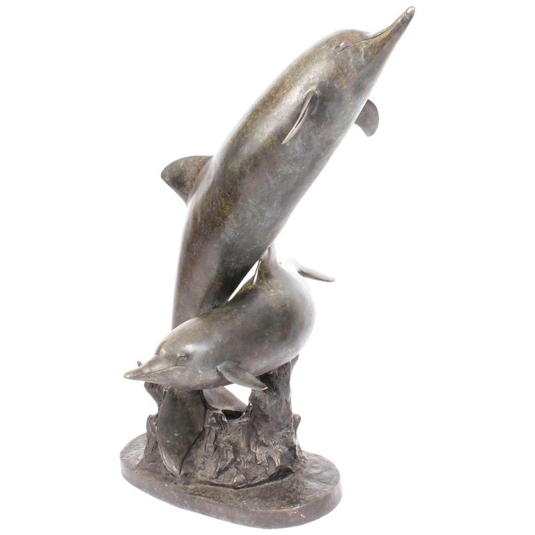 Vintage Bronze Statue of Two Dolphins Riding the Waves, Late 20th ...