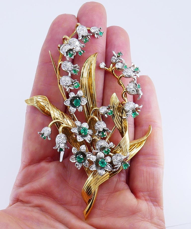 Vintage Brooch Pin 14k Gold Emerald Diamond Estate Jewelry For Sale at ...