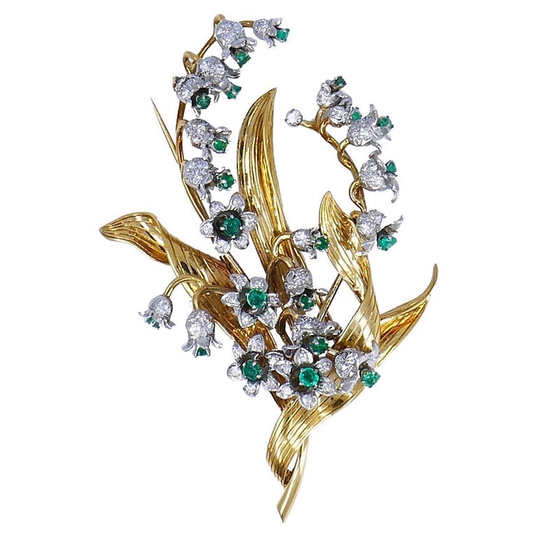 Vintage Brooch Pin 14k Gold Emerald Diamond Estate Jewelry For Sale at ...