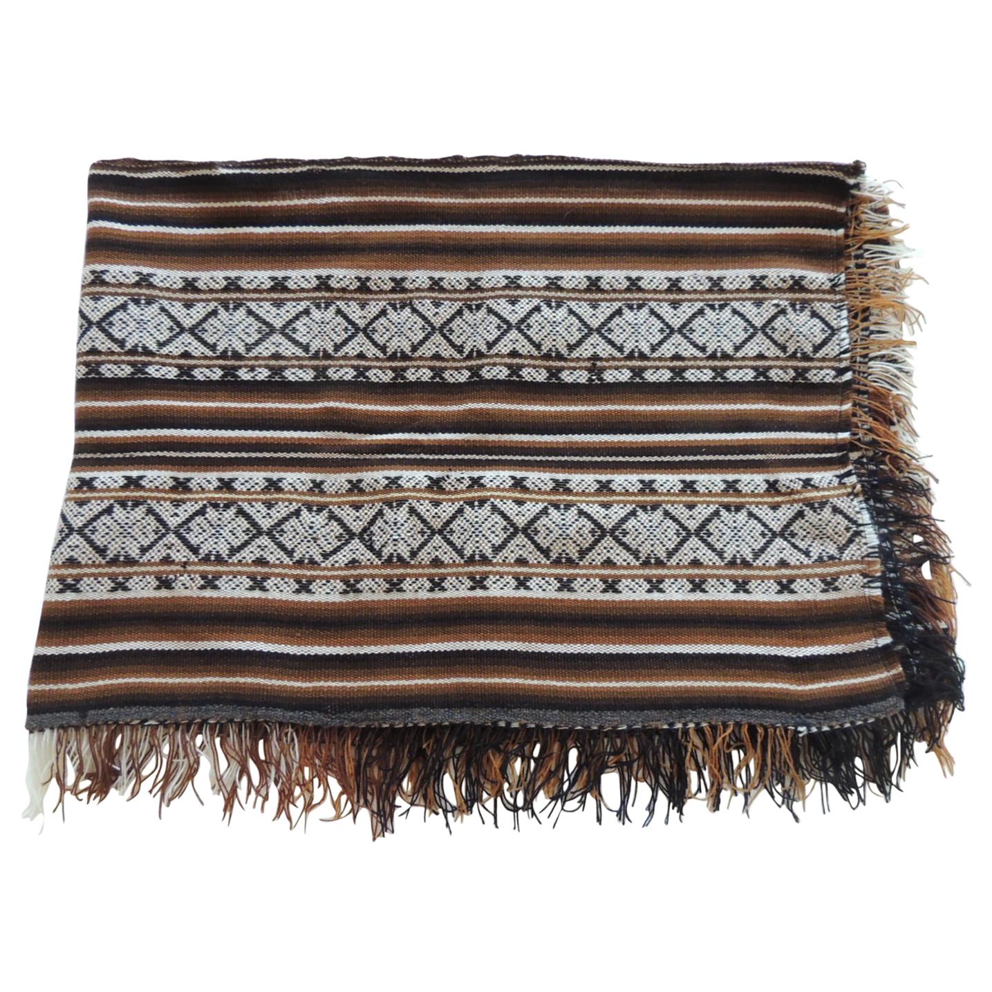 Vintage Brown and Tan Stripe Woven Throw with Fringes For Sale at 1stDibs