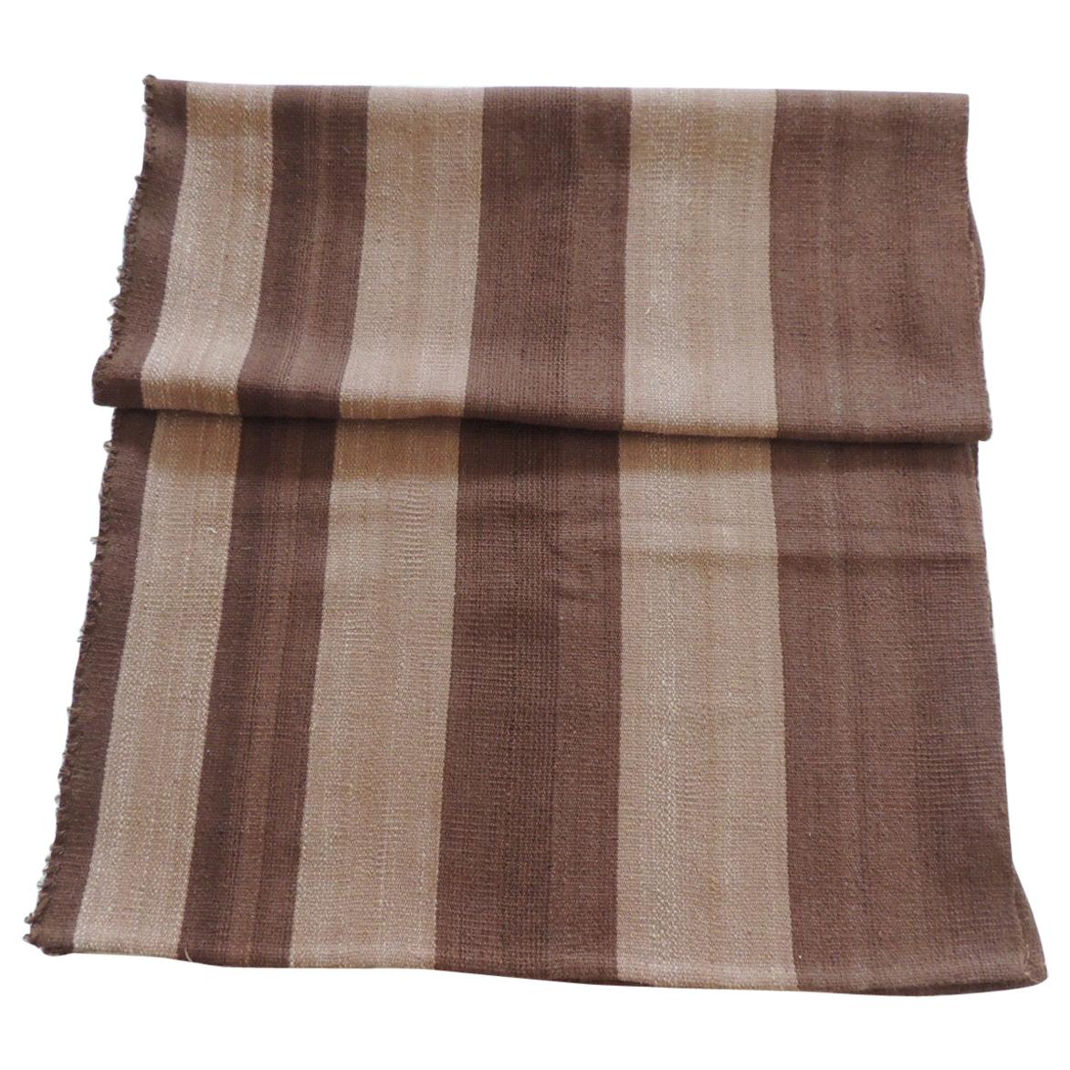 Vintage Brown and Tan Stripe Woven Throw with Fringes For Sale at 1stDibs