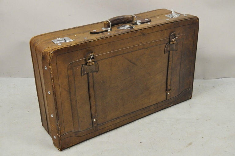 Vintage Brown Distressed Leather Luggage Suitcase by Golden Leaf For ...