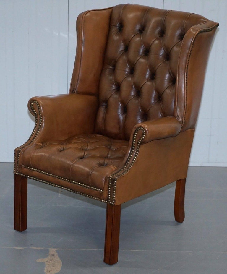 Vintage Brown Leather Button Base and Back Chesterfield Wingback ...