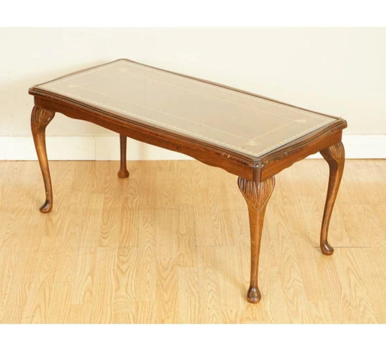 Vintage Brown Leather Top Coffee Table with Queen Anne Legs For Sale at ...