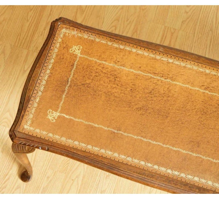 Vintage Brown Leather Top Coffee Table with Queen Anne Legs For Sale at ...