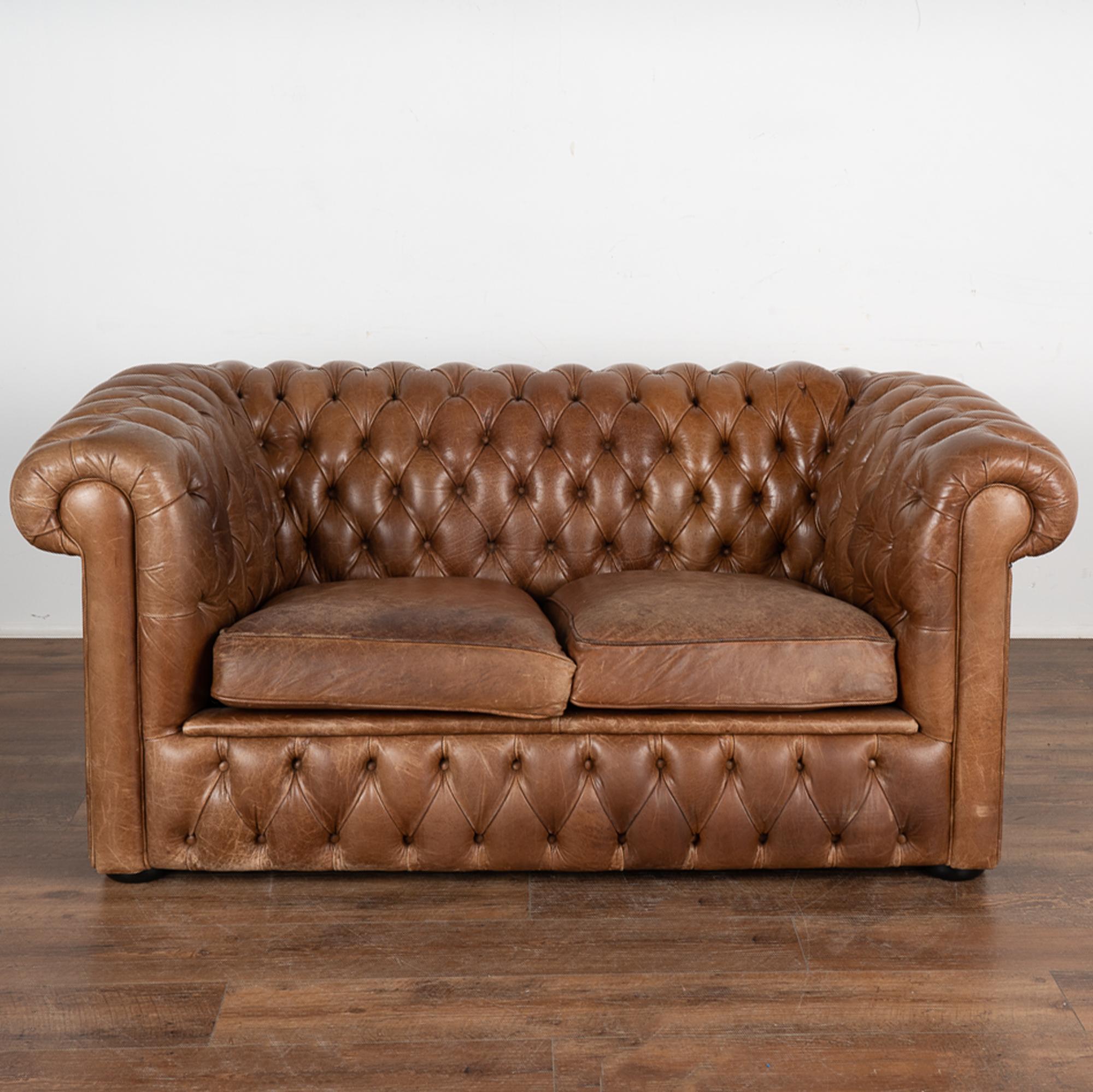 Vintage Brown Leather Two Seat Chesterfield Sofa Loveseat, Denmark ...