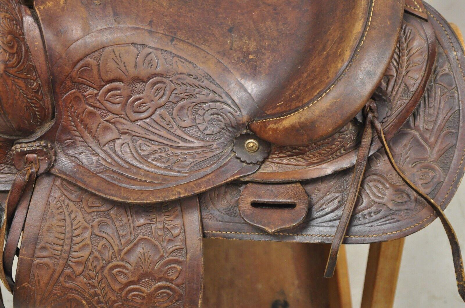 Vintage Brown Tooled Leather Embossed 14" Western Horse Saddle For Sale at 1stDibs