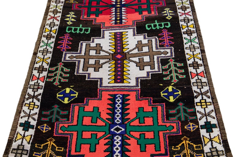 Vintage Brown Turkish Handmade Multicolor Tribal Pattern Wool Runner ...