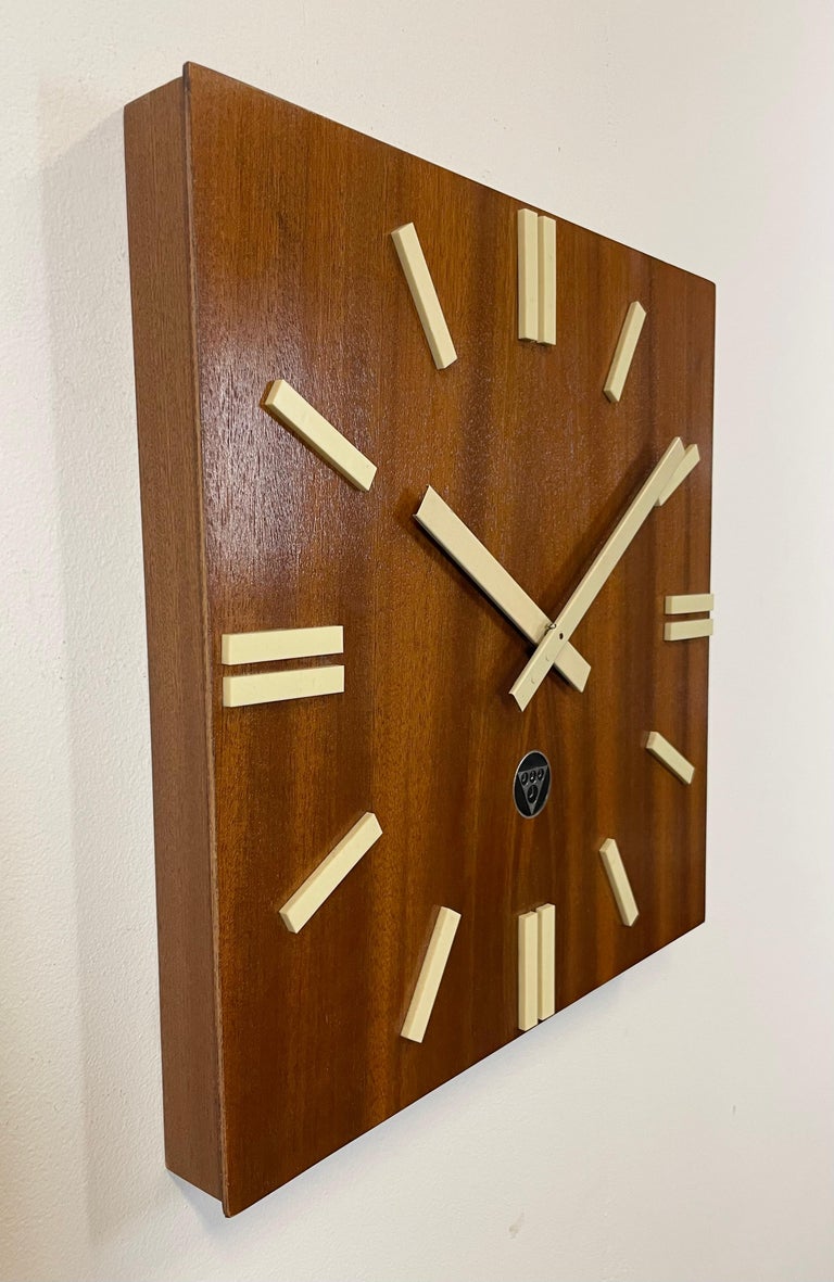 Vintage Brown Wooden Wall Clock from Pragotron, 1980s For Sale at 1stDibs