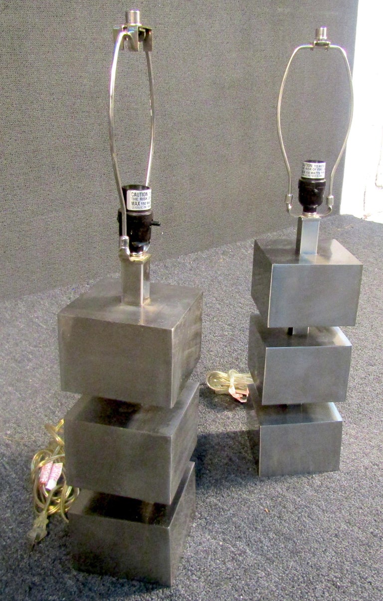 Vintage Brushed Metal Block Lamps For Sale at 1stDibs