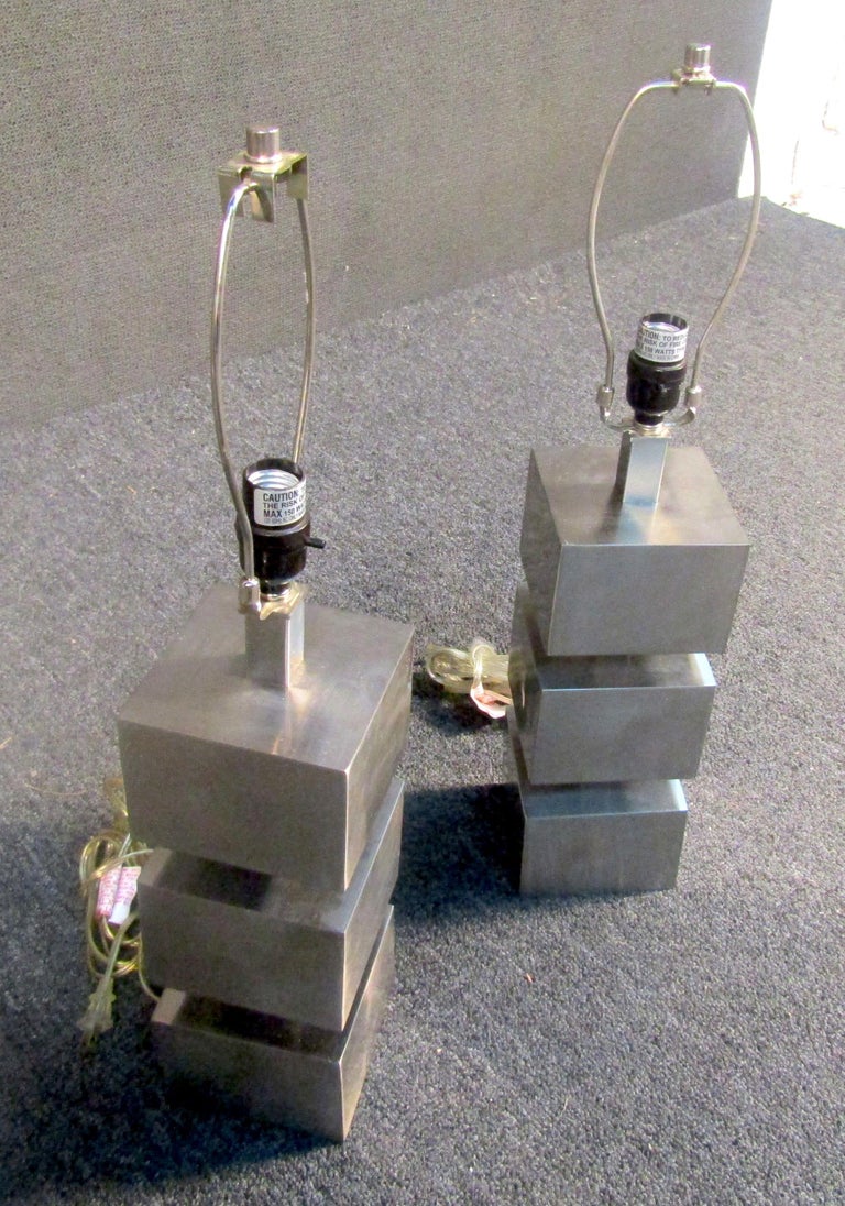 Vintage Brushed Metal Block Lamps For Sale at 1stDibs