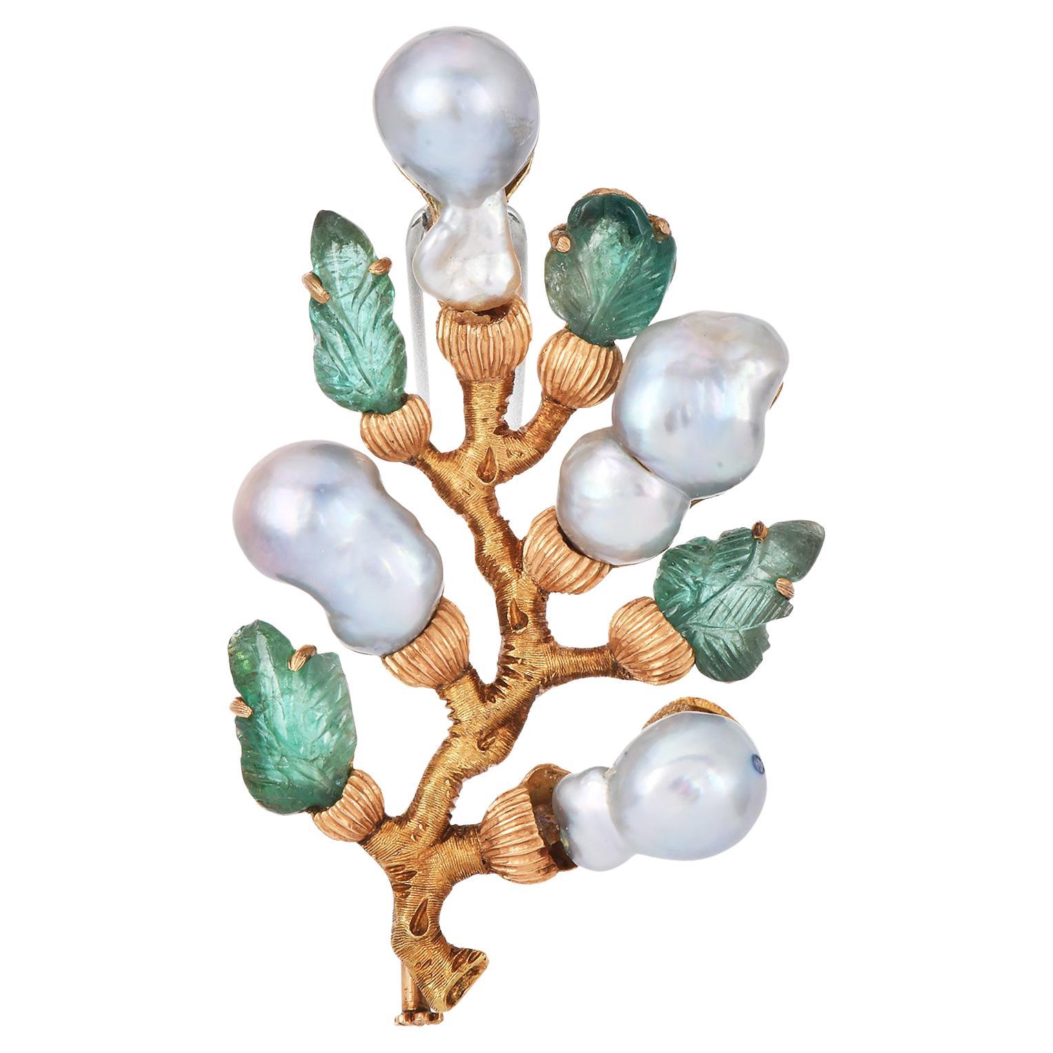 Vintage Buccellati Pearl Emerald 18K Gold Twig Branch Brooch For Sale ...