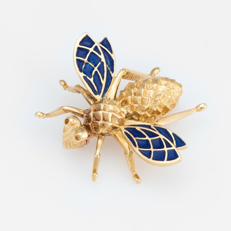 Vintage Bumble Bee Brooch Pin 14 Karat Gold Blue Enamel Wings Estate ...