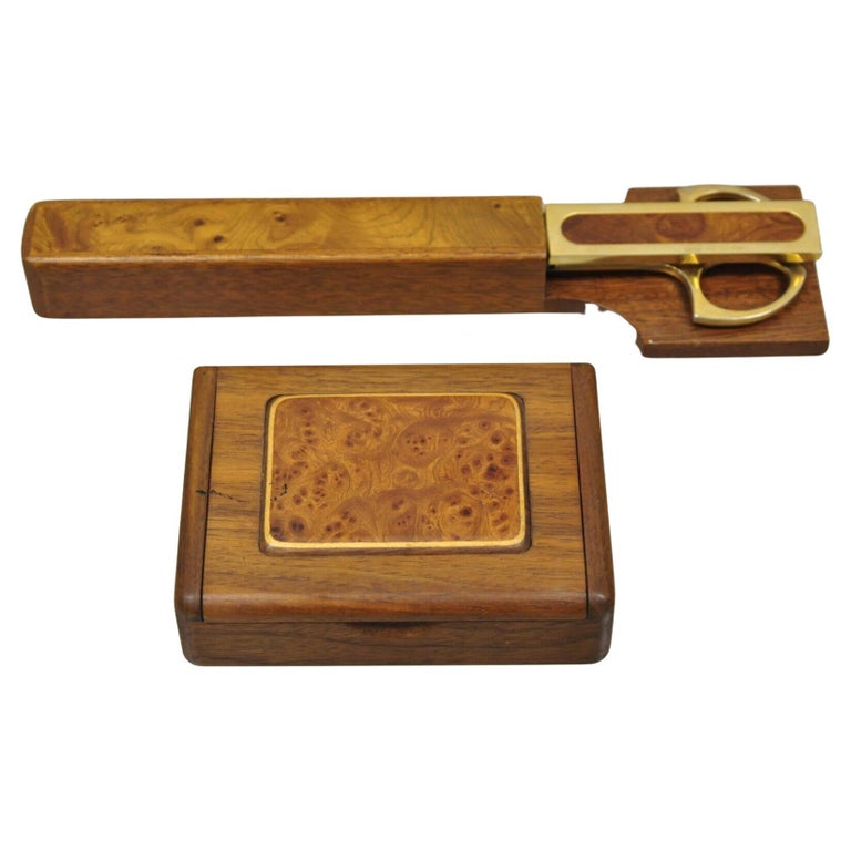 Vintage Burl Wood Italian Brass Desk Set Small Box Scissors and Letter ...