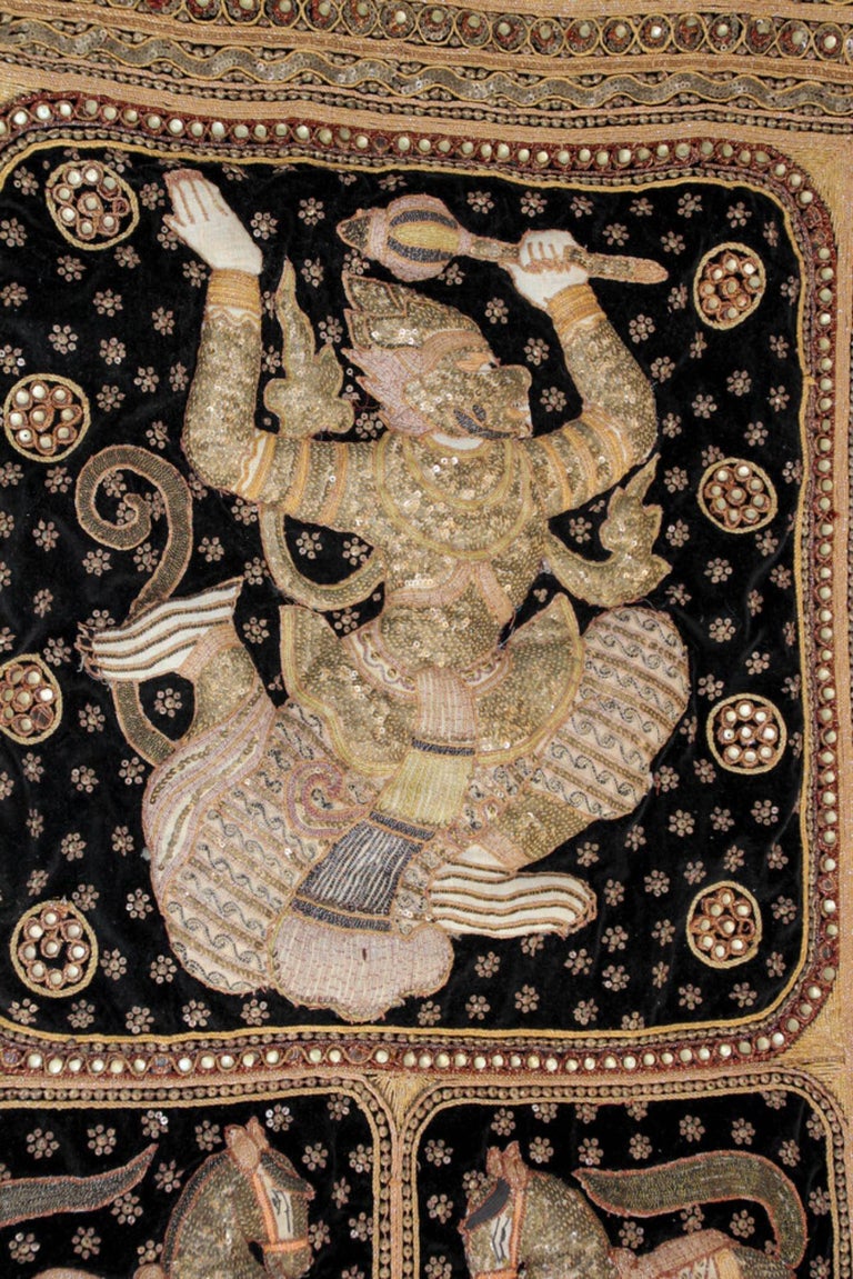 Vintage Burmese Kalaga Tapestry Pillow Cover Warrior and Horses, 1950s ...